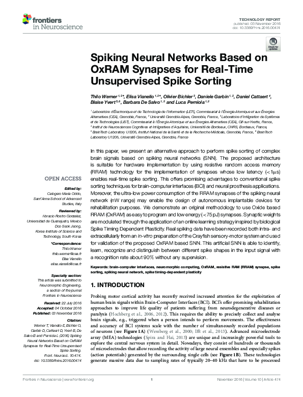 (PDF) Spiking Neural Networks Based on OxRAM Synapses for Real-Time Unsupervised Spike Sorting