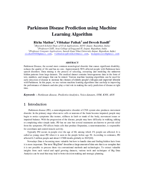 (PDF) Parkinson Disease Prediction using Machine Learning Algorithm