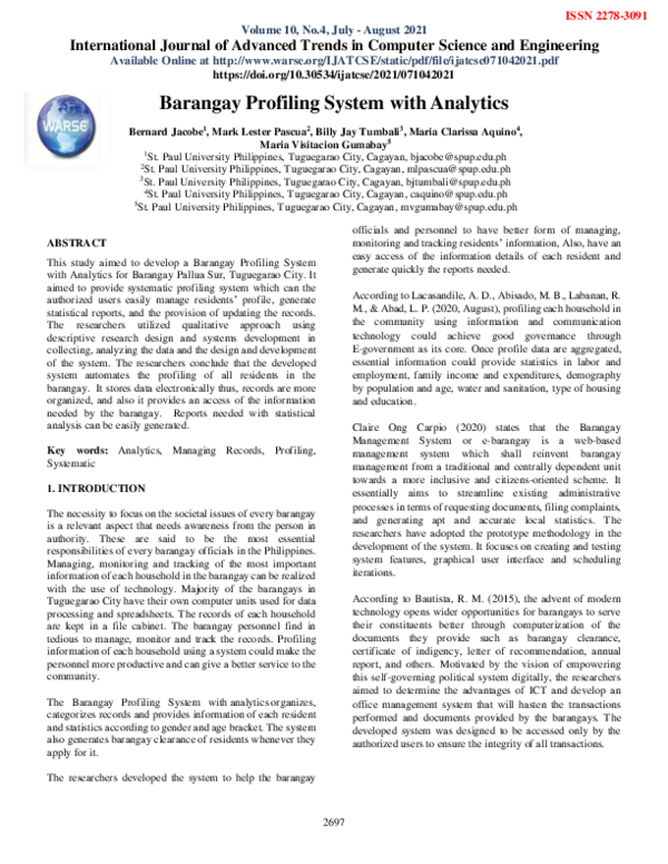 (PDF) Barangay Profiling System with Analytics