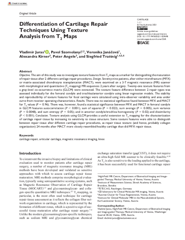 (PDF) Differentiation of Cartilage Repair Techniques Using Texture ...