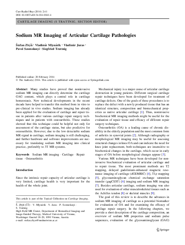 (PDF) Sodium MR Imaging of Articular Cartilage Pathologies