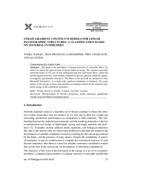 (PDF) Strain Gradient Continuum Models for Linear Pantographic Structures: A Classification ...