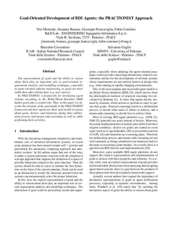 (PDF) Goal-Oriented Development of BDI Agents: The PRACTIONIST Approach