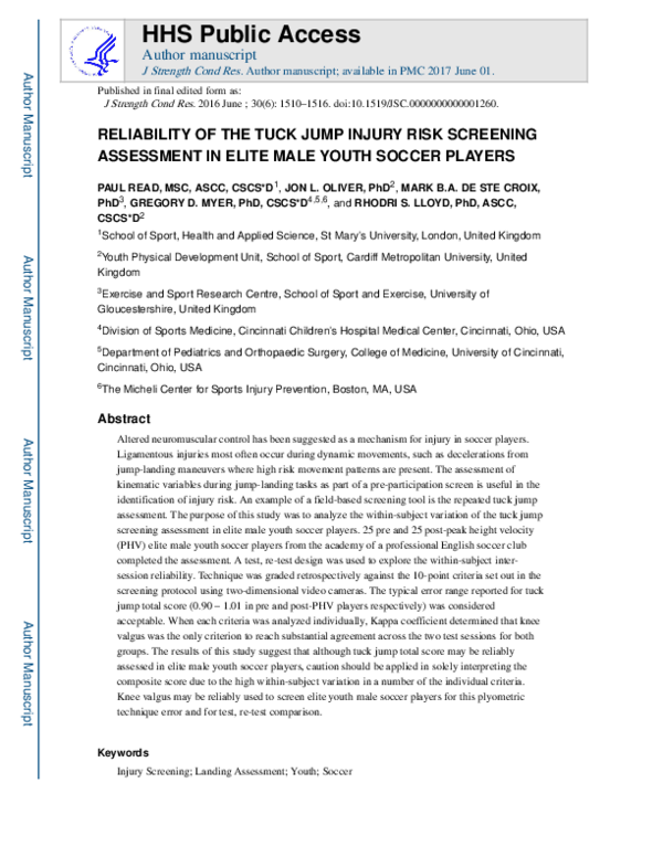 (PDF) Reliability of the Tuck Jump Injury Risk Screening Assessment in ...