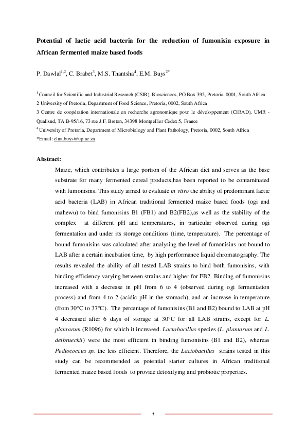 (PDF) Potential of lactic acid bacteria for the reduction of fumonisin exposure in African ...