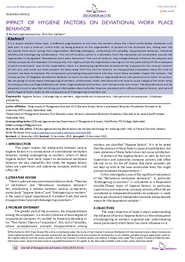 (PDF) Impact of hygiene factors on deviational work place behavior