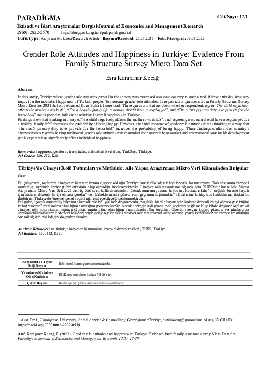 (PDF) Gender Role Attitudes and Happiness in Turkey: Evidence from ...
