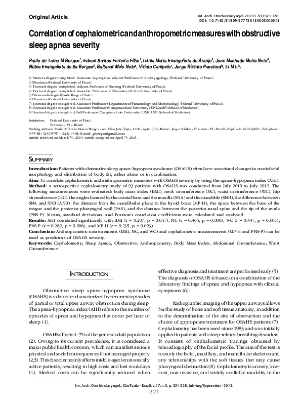 (PDF) Correlation of cephalometric and anthropometric measures with obstructive sleep apnea severity