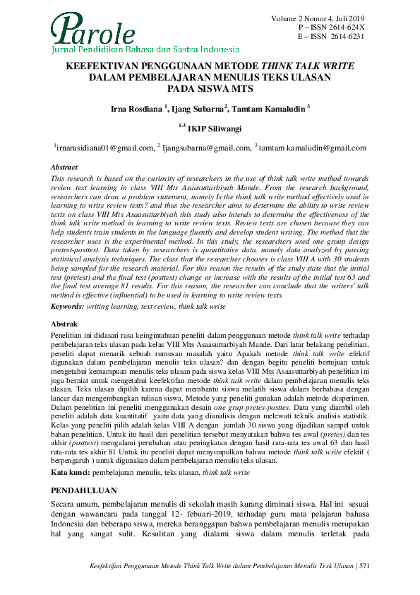 (PDF) Keefektivan Penggunaan Metode Think Talk Write Dalam Pembelajaran ...