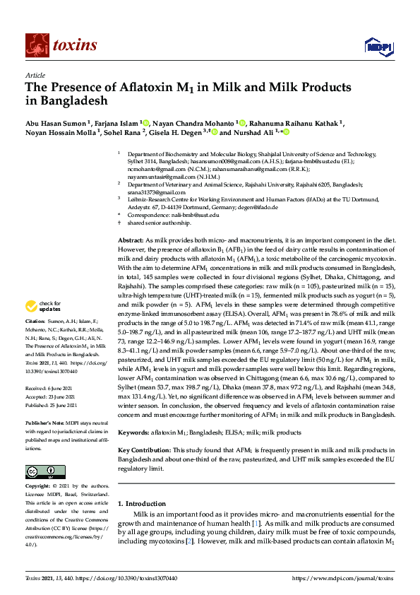 (PDF) The Presence of Aflatoxin M1 in Milk and Milk Products in Bangladesh