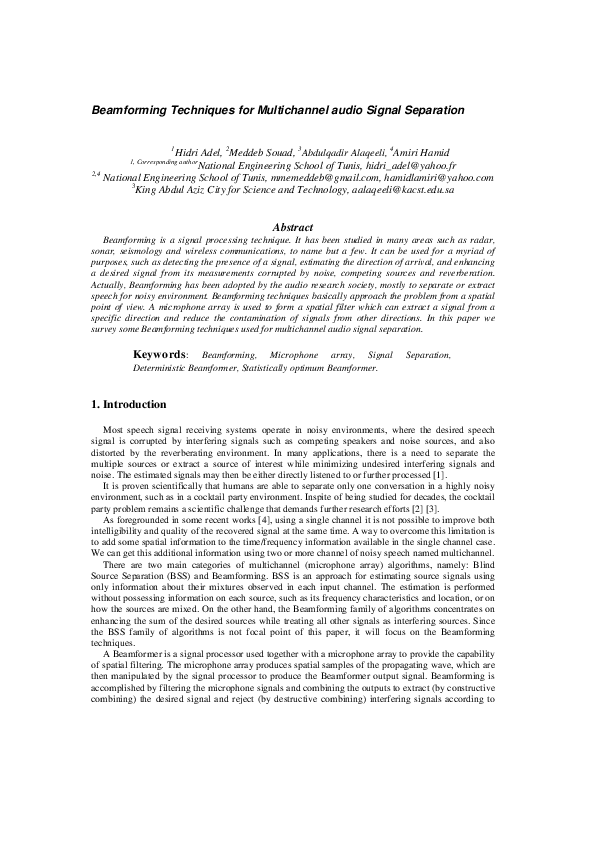 (PDF) Beamforming Techniques for Multichannel audio Signal Separation