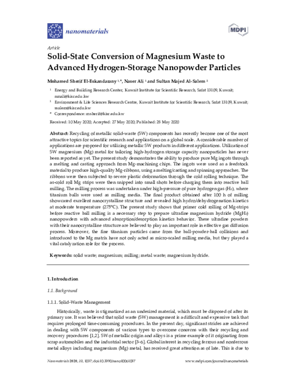 (PDF) Solid-State Conversion of Magnesium Waste to Advanced Hydrogen ...