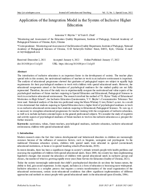 (PDF) Application of the Integration Model in the System of Inclusive ...