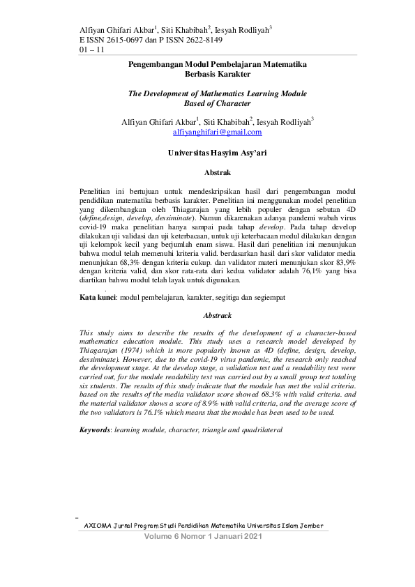 (PDF) The Development of Mathematics Learning Module Based of Character