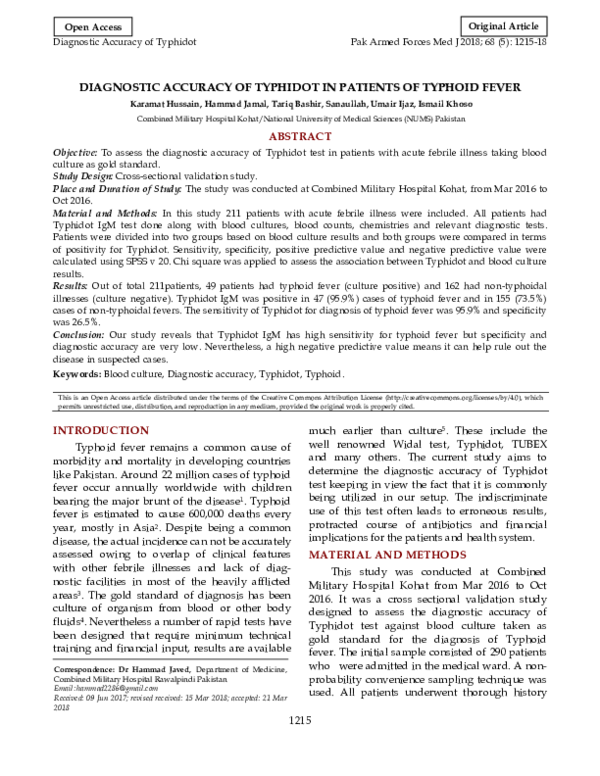 (PDF) Diagnostic Accuracy of Typhidot in Patients of Typhoid Fever