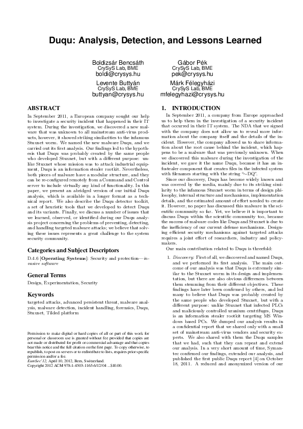 (PDF) Duqu: Analysis, Detection, and Lessons Learned