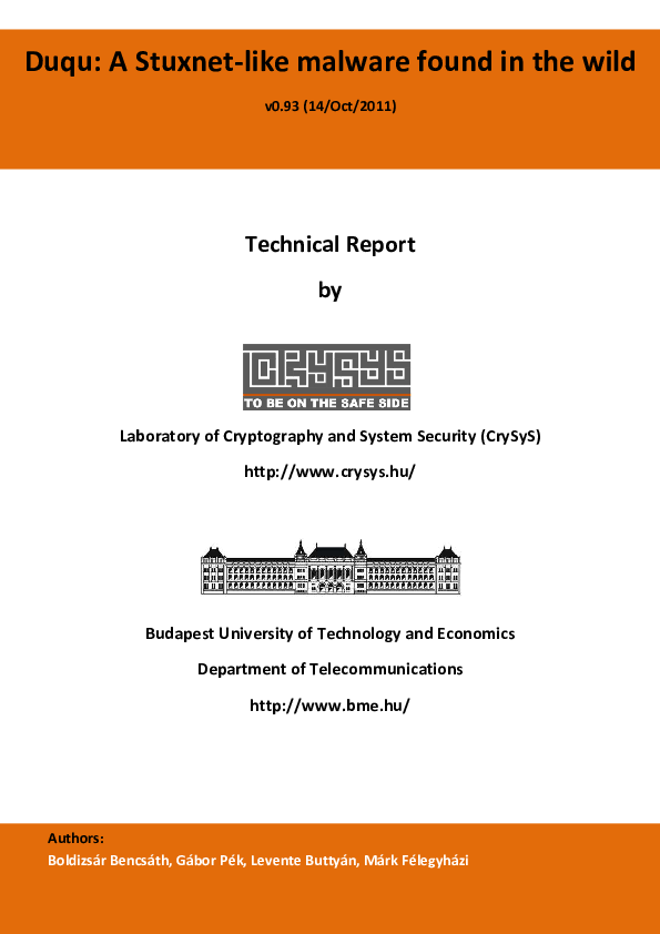 (PDF) Duqu: A Stuxnet-like malware found in the wild