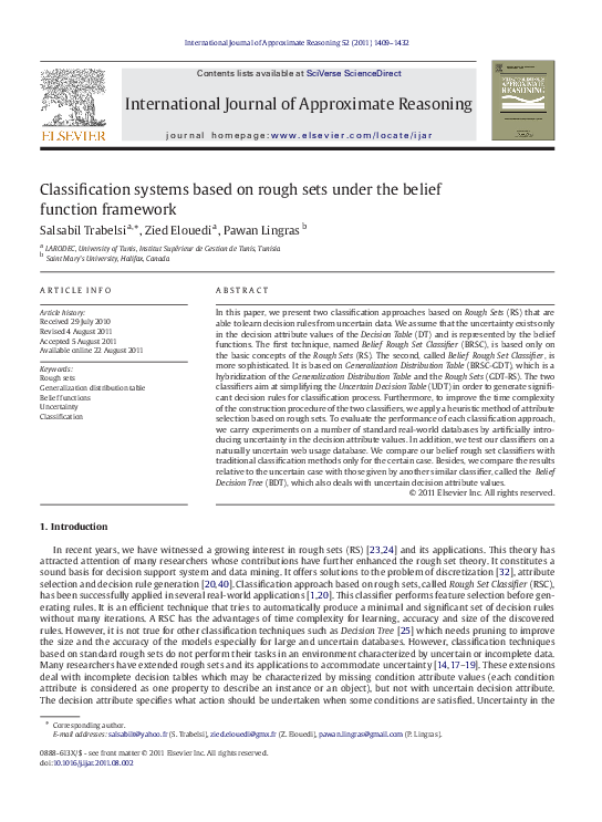 (PDF) Classification systems based on rough sets under the belief ... (PDF) Classification systems based on rough sets under the belief ...