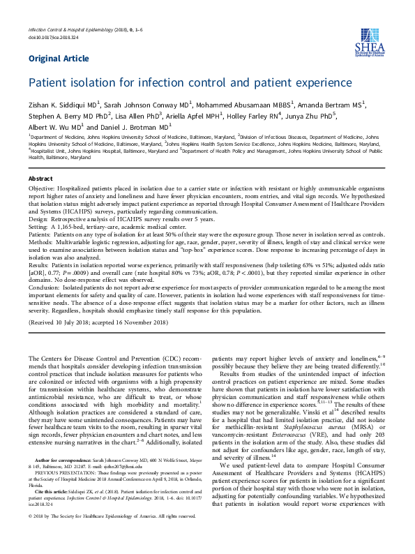 (PDF) Patient isolation for infection control and patient experience