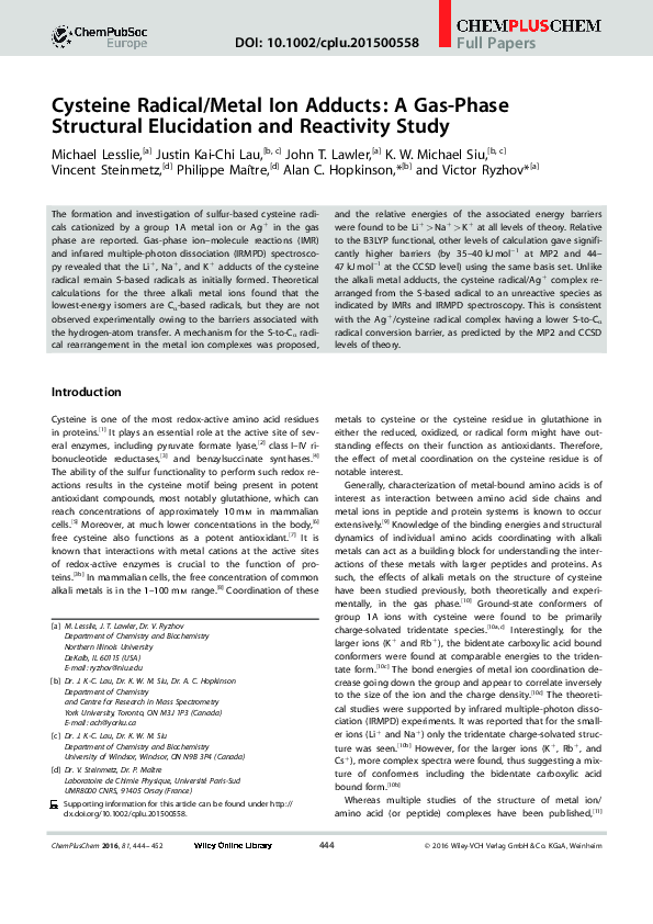 (PDF) Cysteine Radical/Metal Ion Adducts: A Gas-Phase Structural ...