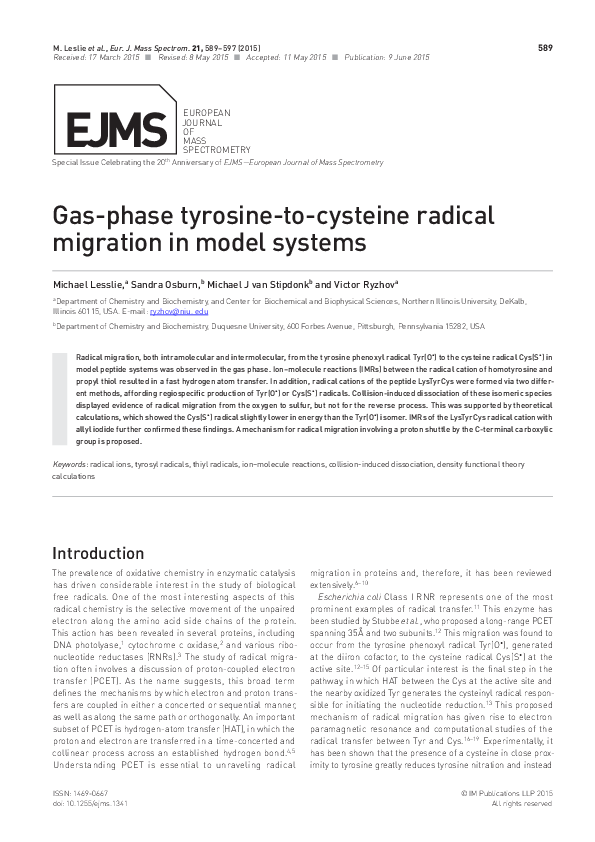 (PDF) Gas-Phase Tyrosine-to-cysteine Radical Migration in Model Systems
