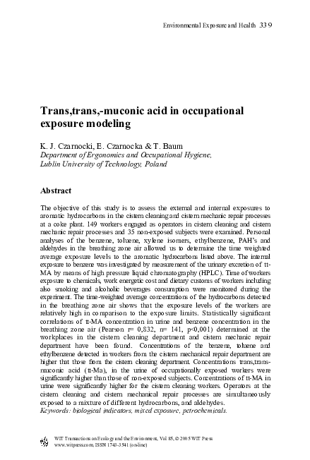 (PDF) Trans,trans,-muconic Acid In OccupationalExposure Modeling
