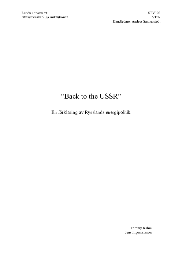 (PDF) Back to the USSR" En förklaring av Rysslands energipolitik