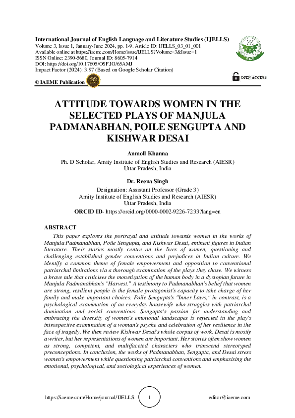 (PDF) ATTITUDE TOWARDS WOMEN IN THE SELECTED PLAYS OF MANJULA ...