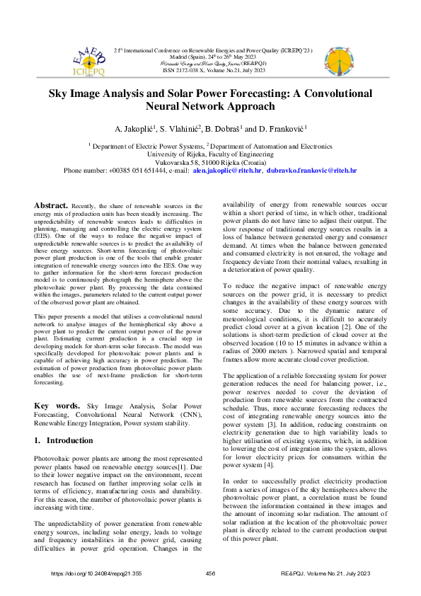 Pdf Sky Image Analysis And Solar Power Forecasting A Convolutional Neural Network Approach