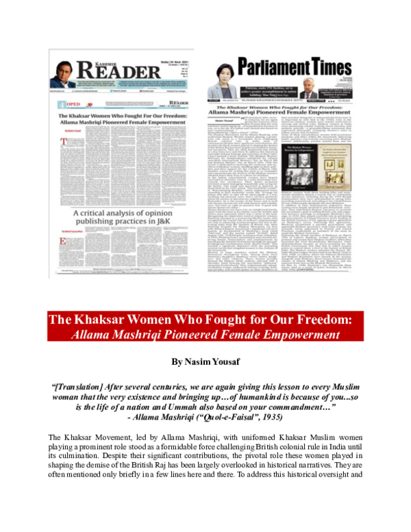 (PDF) The Khaksar Women Who Fought for Our Freedom: Allama Mashriqi ...