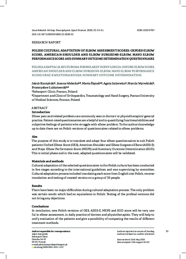 (PDF) Polish Cultural Adaptation of Elbow Assessment Scores: Oxford ...