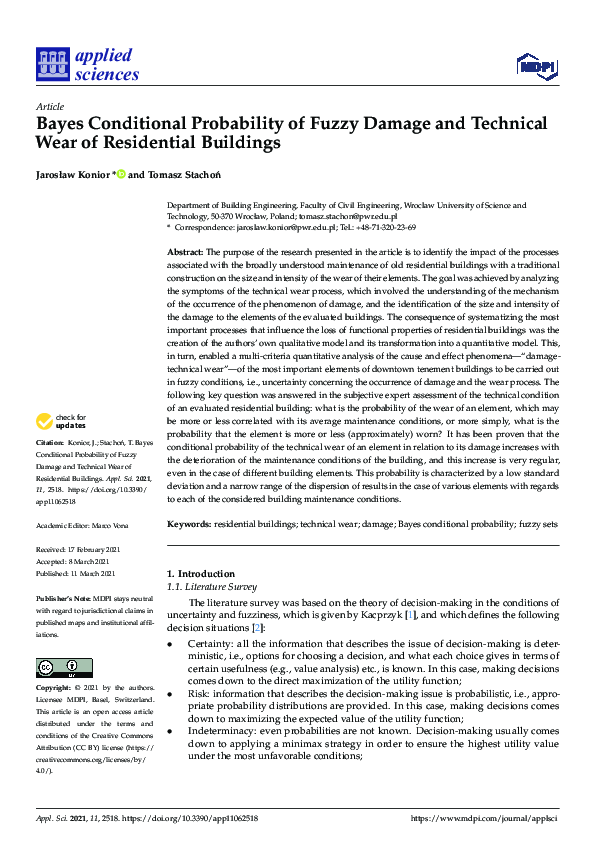 (PDF) Bayes Conditional Probability of Fuzzy Damage and Technical Wear of Residential Buildings
