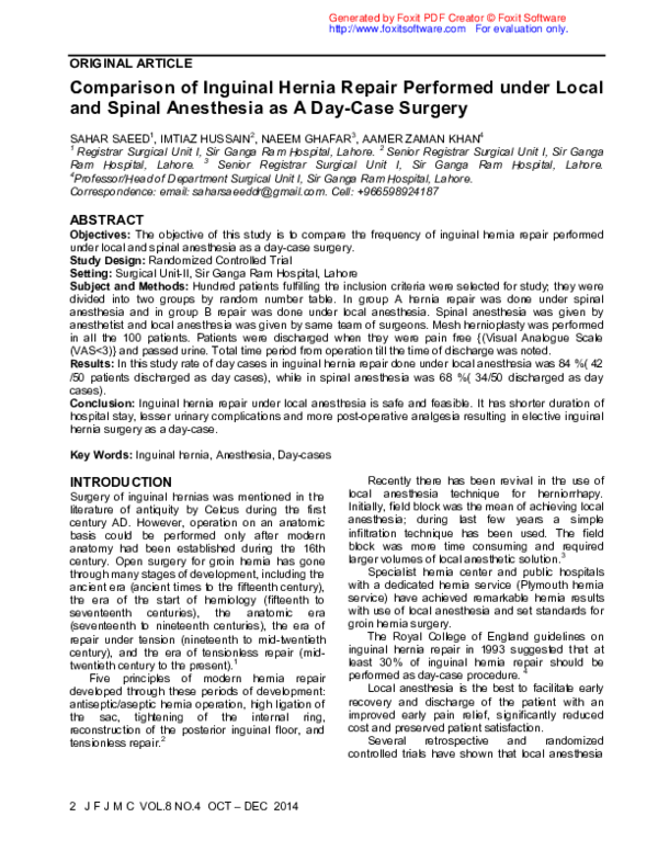 (PDF) Comparison of Inguinal Hernia Repair Performed under Local and ...