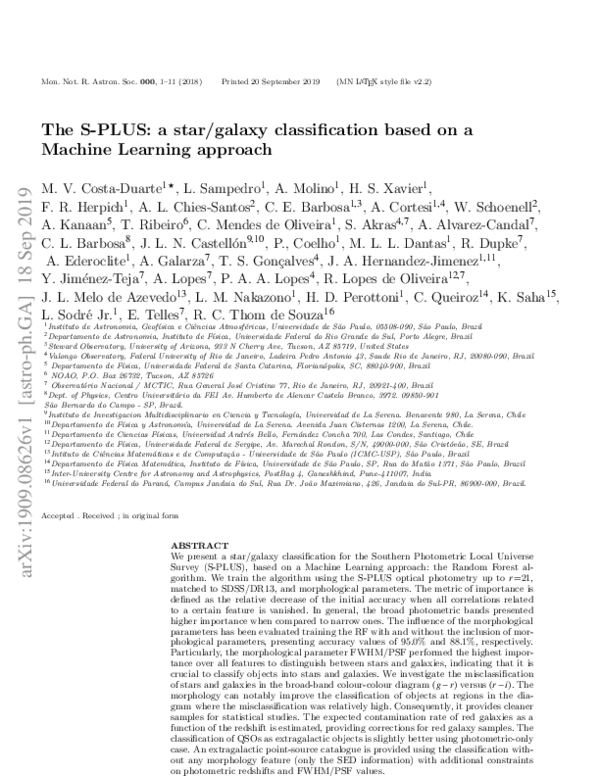 (PDF) The S-PLUS: a star/galaxy classification based on a Machine Learning approach