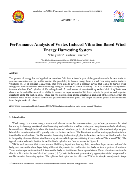 (PDF) Performance Analysis of Vortex Induced Vibration Based Wind Energy Harvesting System