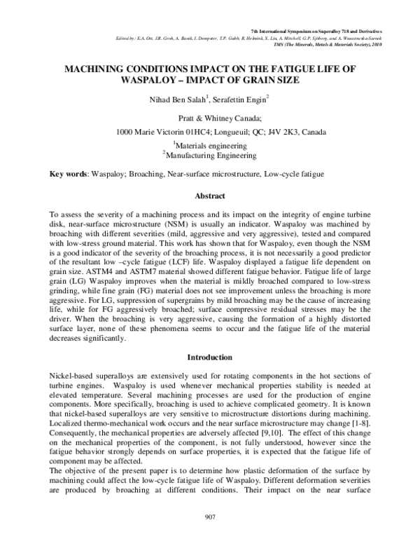 (PDF) Machining Conditions Impact on the Fatigue Life of Waspaloy ...