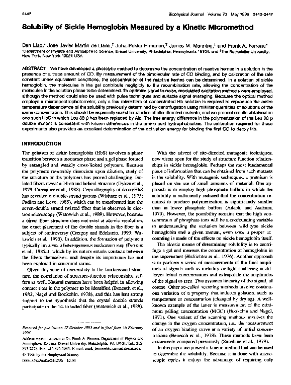 (PDF) Solubility of sickle hemoglobin measured by a kinetic micromethod
