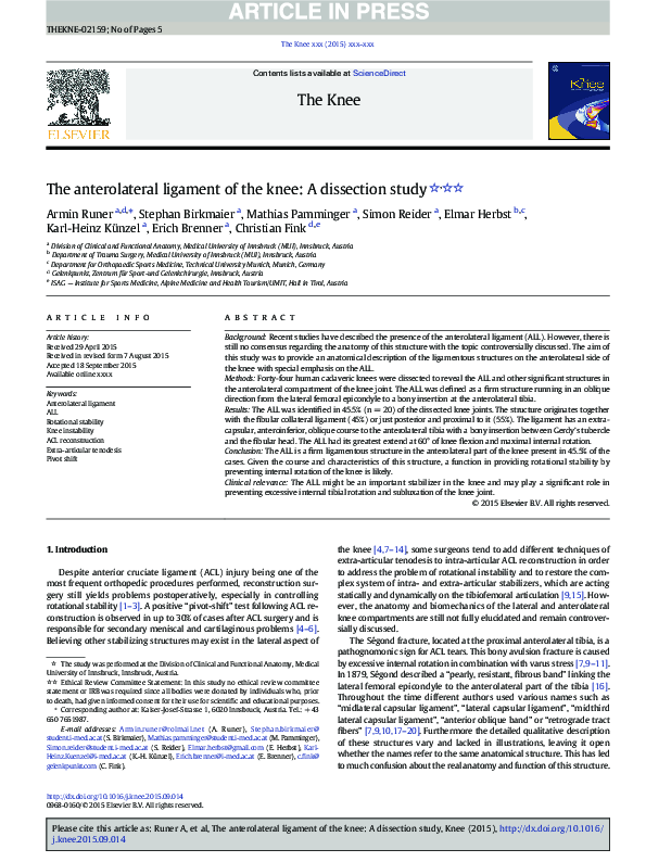 (PDF) The anterolateral ligament of the knee: A dissection study
