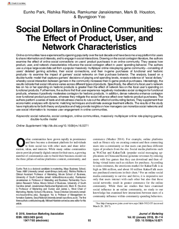 (PDF) Social Dollars in Online Communities: The Effect of Product, User ...