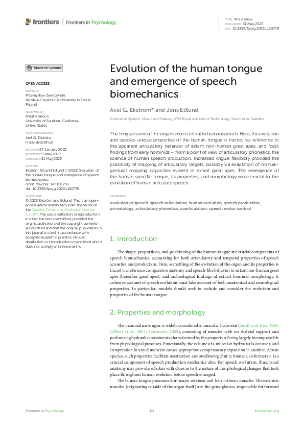 (PDF) Evolution of the human tongue and emergence of speech biomechanics