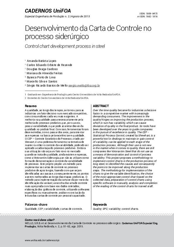 (PDF) Desenvolvimento da Carta de Controle no processo siderúrgico ...