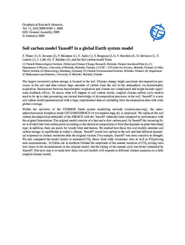 (PDF) Soil carbon model Yasso07 in a global Earth system model