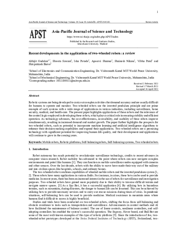 Pdf Recent Developments In The Applications Of Two Wheeled Robots A Review