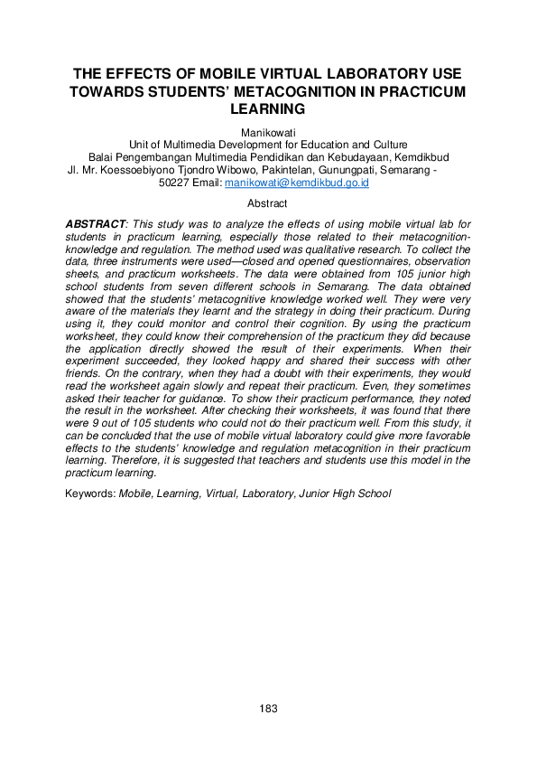 (PDF) The Effects of Mobile Virtual Laboratory Use Towards Students Metacognition in Practicum ...
