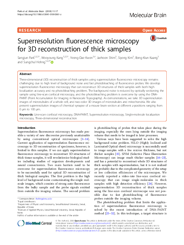 (PDF) Superresolution fluorescence microscopy for 3D reconstruction of thick samples