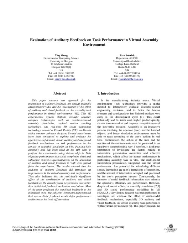 (PDF) Evaluation of auditory feedback on task performance in virtual assembly environment | Reza ...
