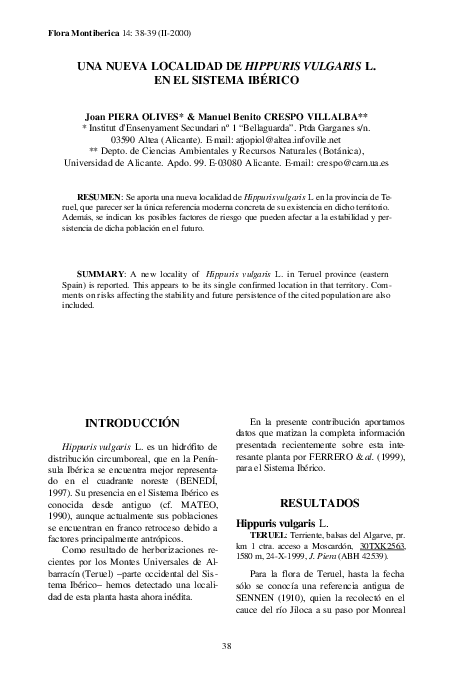 (PDF) Una nueva localidad de Hippuris vulgaris L. en el Sistema Ibérico ...