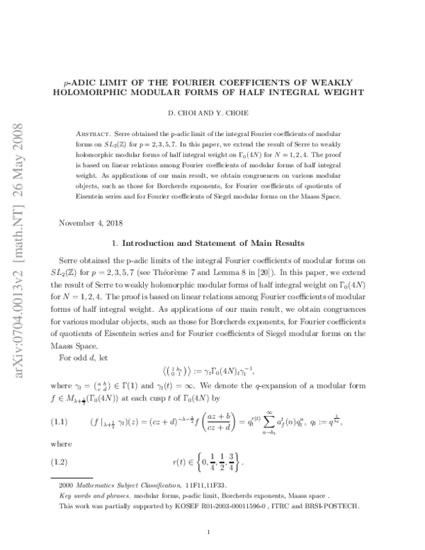 Pdf P Adic Limit Of Weakly Holomorphic Modular Forms Of Half
