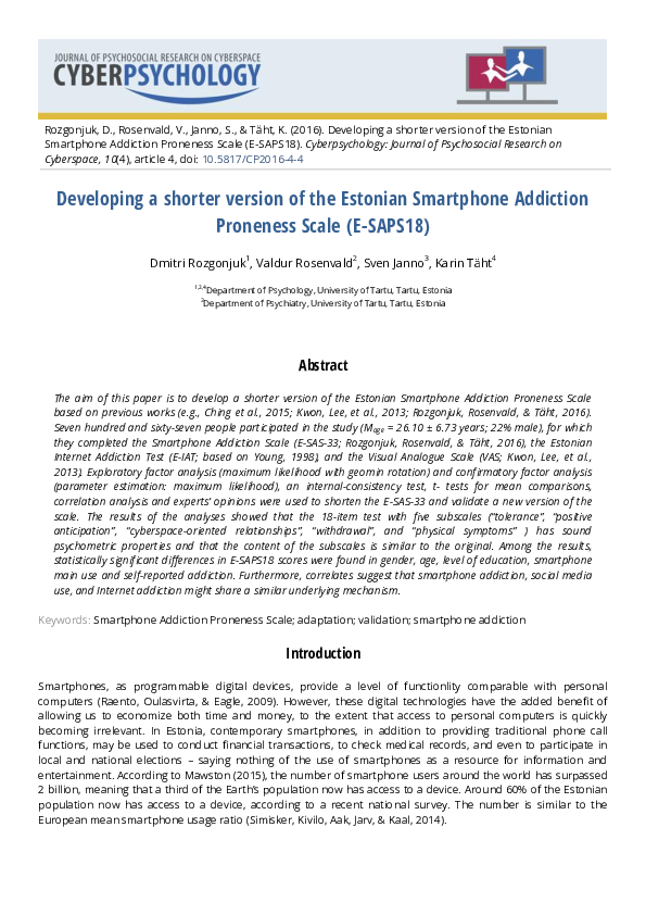(PDF) Developing a shorter version of the Estonian Smartphone Addiction ...