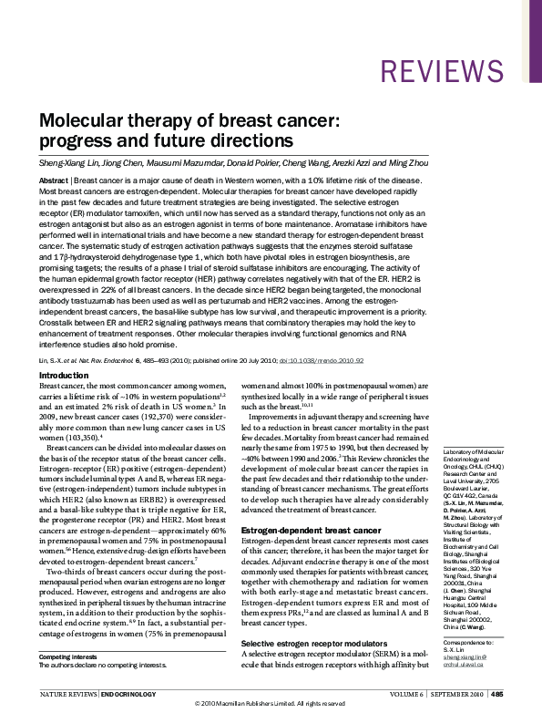 (PDF) Molecular therapy of breast cancer: progress and future directions